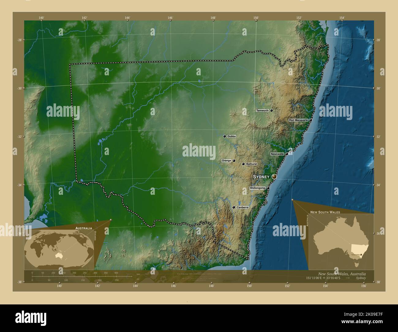 New South Wales, state of Australia. Colored elevation map with lakes ...