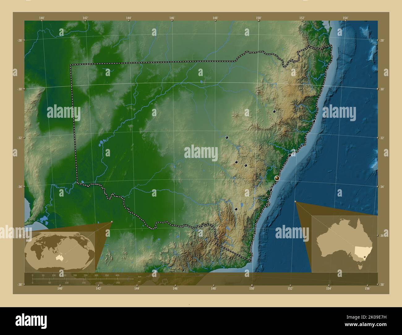 New South Wales, state of Australia. Colored elevation map with lakes ...