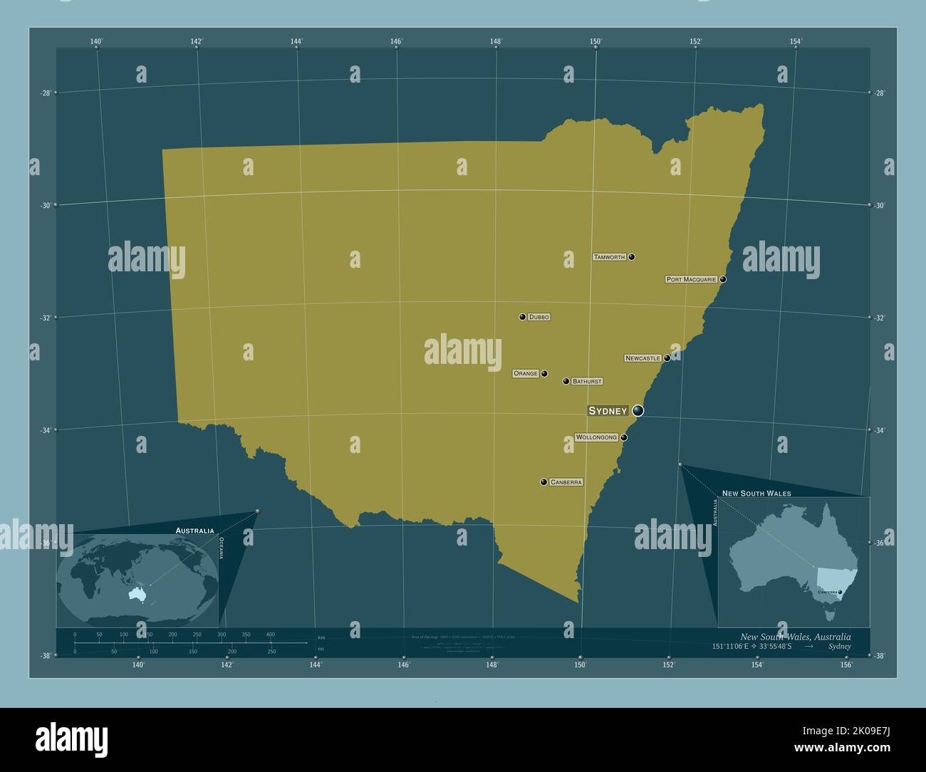 New South Wales, state of Australia. Solid color shape. Locations and ...