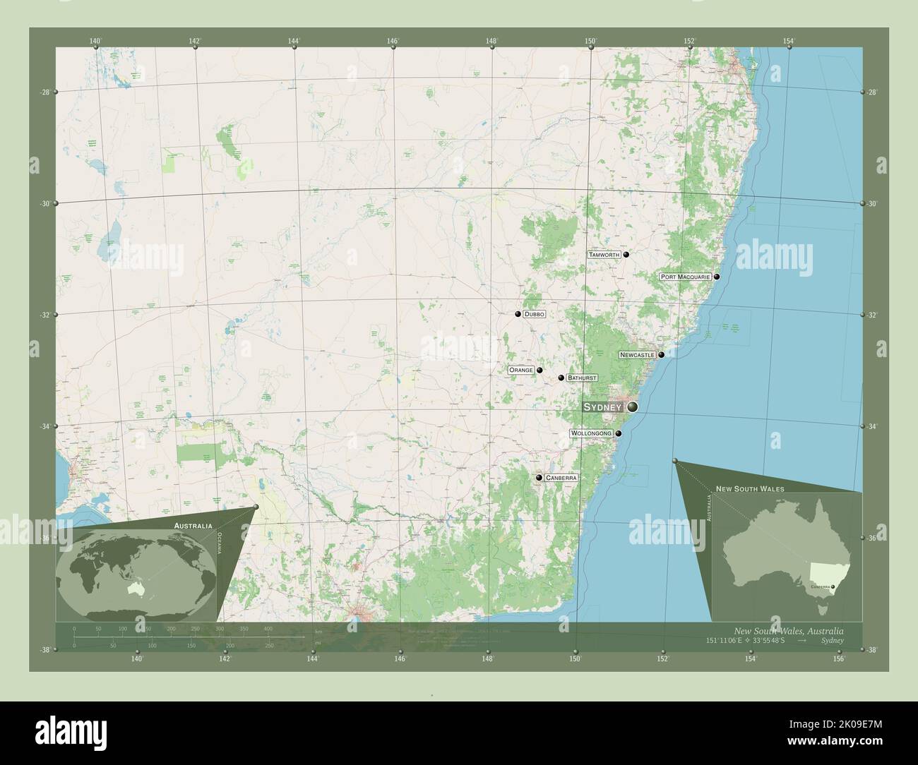 New South Wales, state of Australia. Open Street Map. Locations and ...