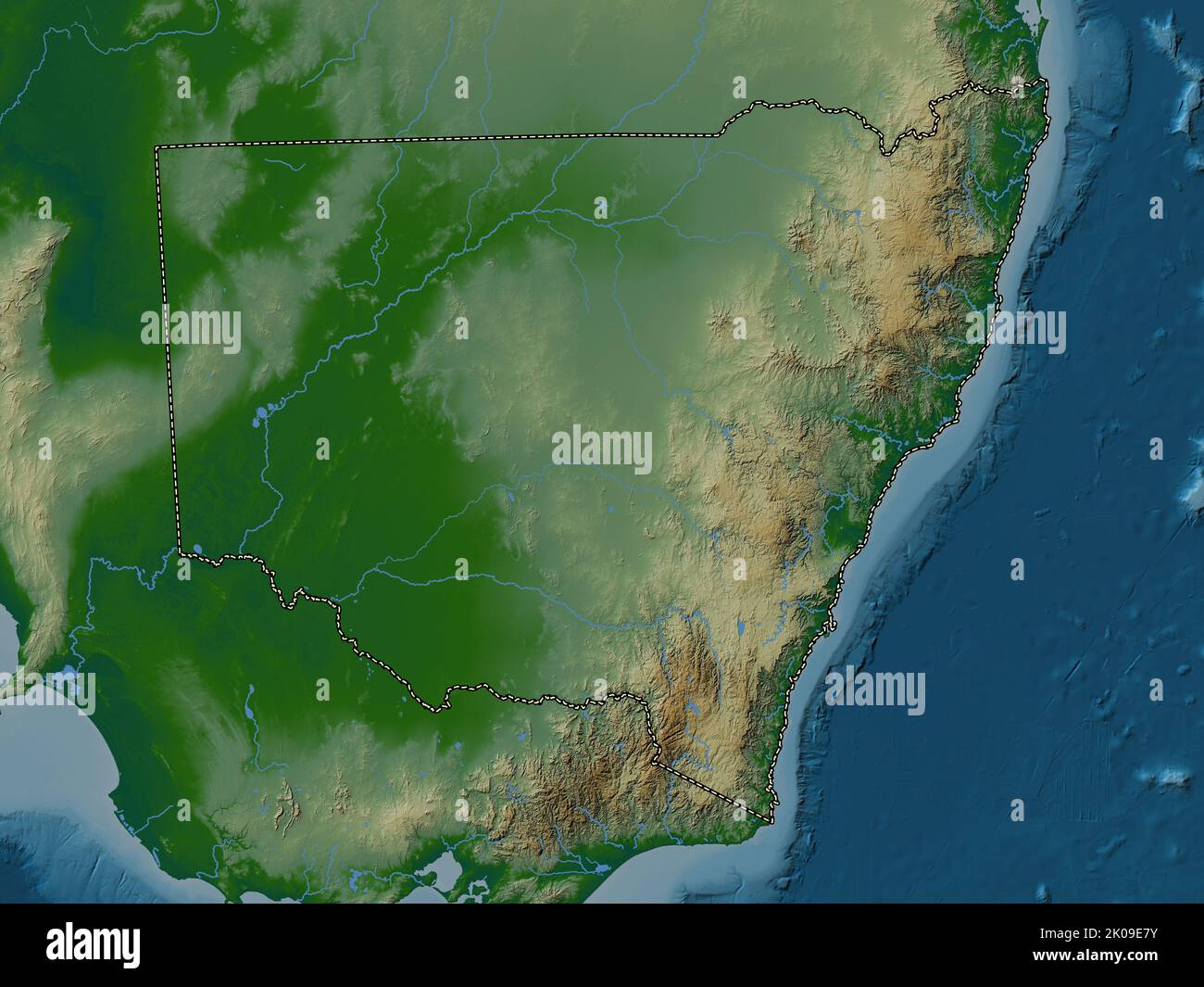New South Wales, state of Australia. Colored elevation map with lakes ...