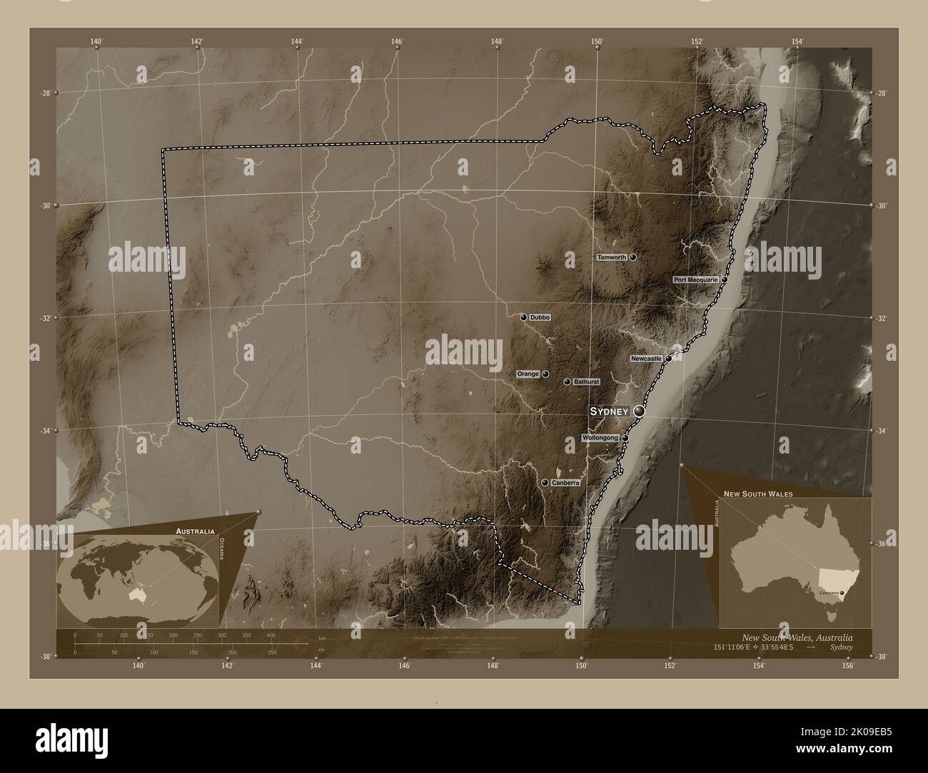 New South Wales, state of Australia. Elevation map colored in sepia ...