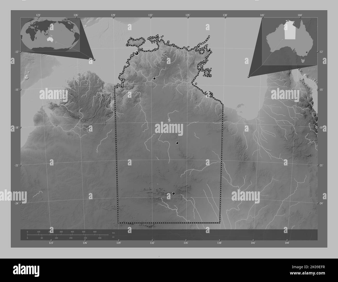 Northern Territory, territory of Australia. Grayscale elevation map ...