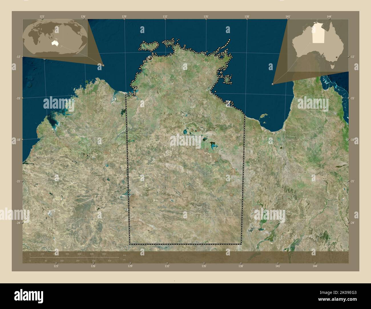 Northern Territory, territory of Australia. High resolution satellite map. Corner auxiliary ...