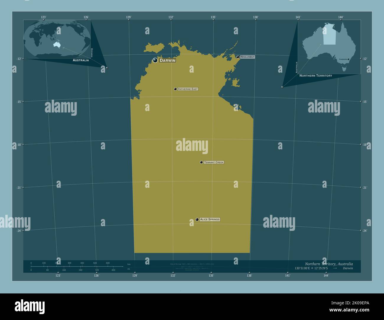 Northern Territory, territory of Australia. Solid color shape. Locations and names of major ...