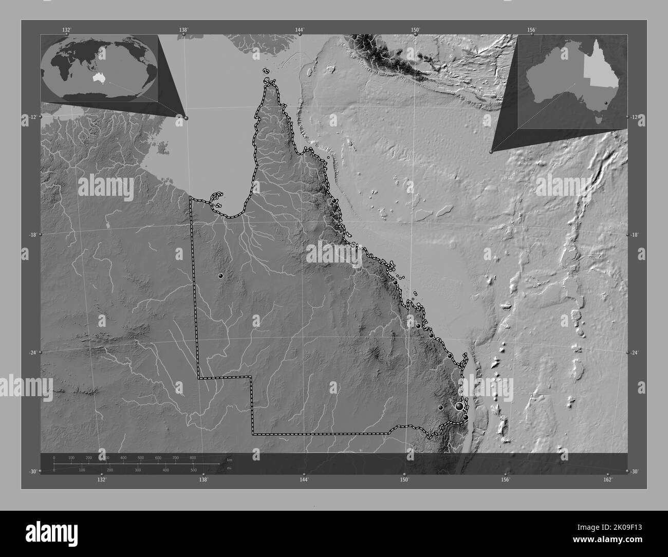 Queensland, state of Australia. Bilevel elevation map with lakes and ...
