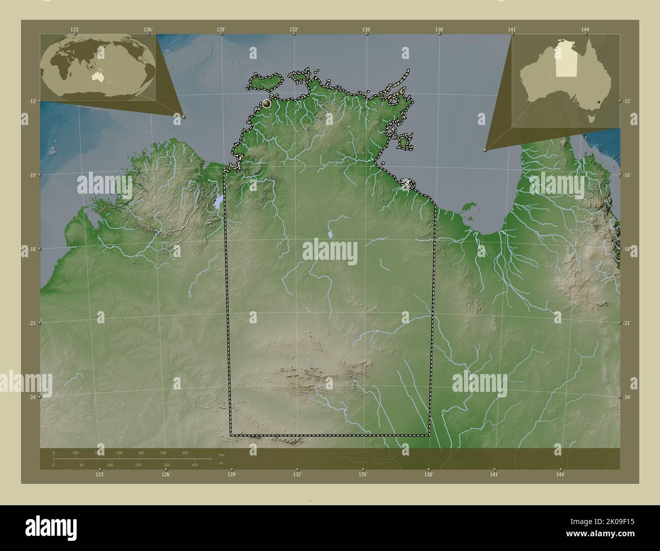 Northern Territory, territory of Australia. Elevation map colored in wiki style with lakes and ...