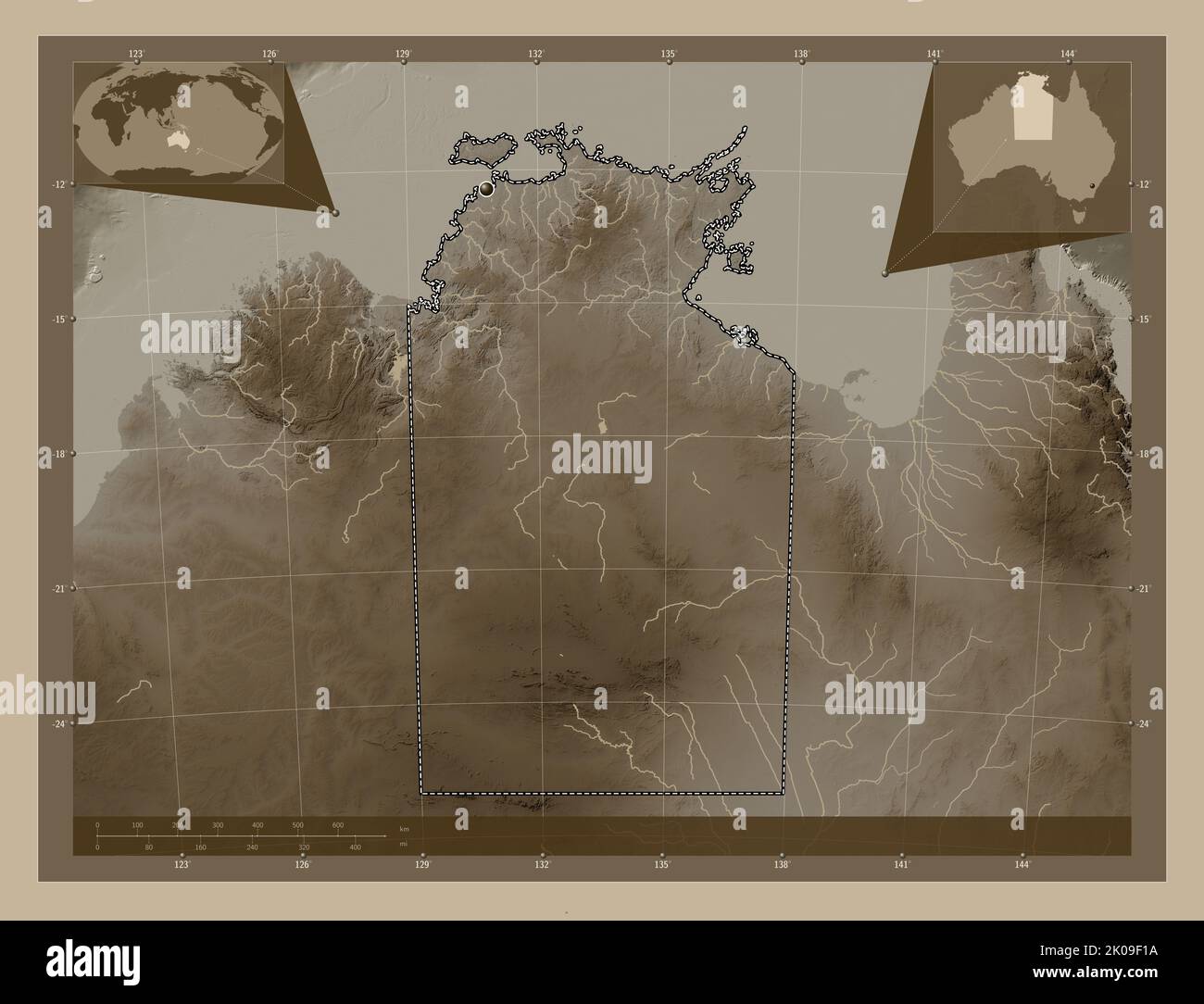 Northern Territory, territory of Australia. Elevation map colored in ...