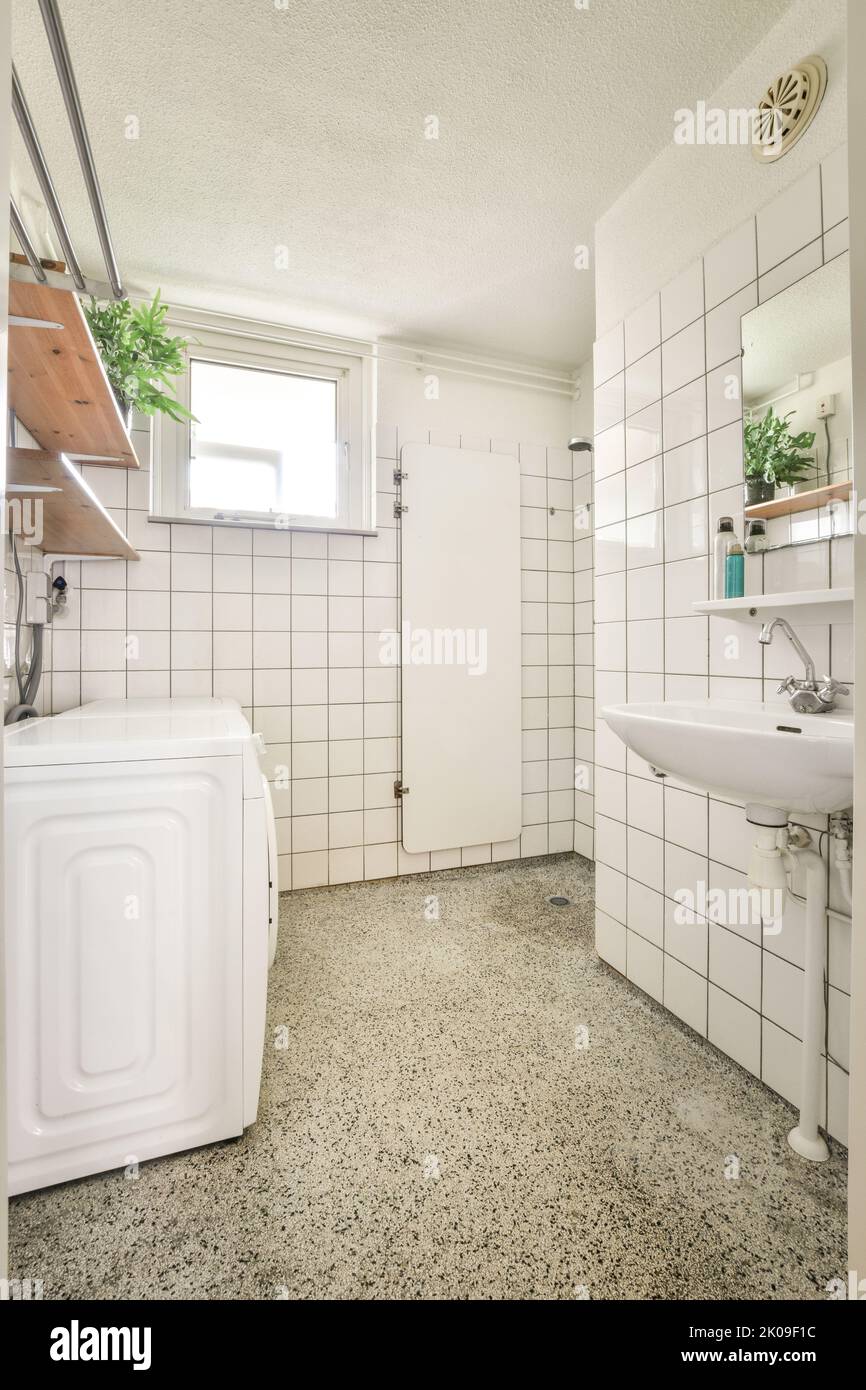 Interior of shower room with hose and washing machine Stock Photo - Alamy