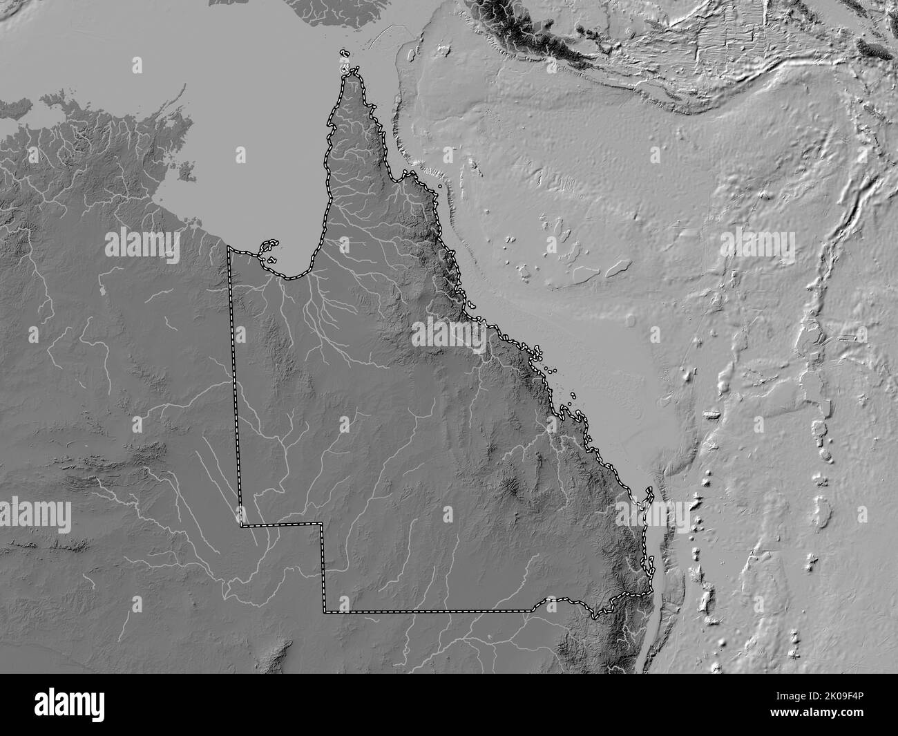 Queensland, state of Australia. Bilevel elevation map with lakes and ...