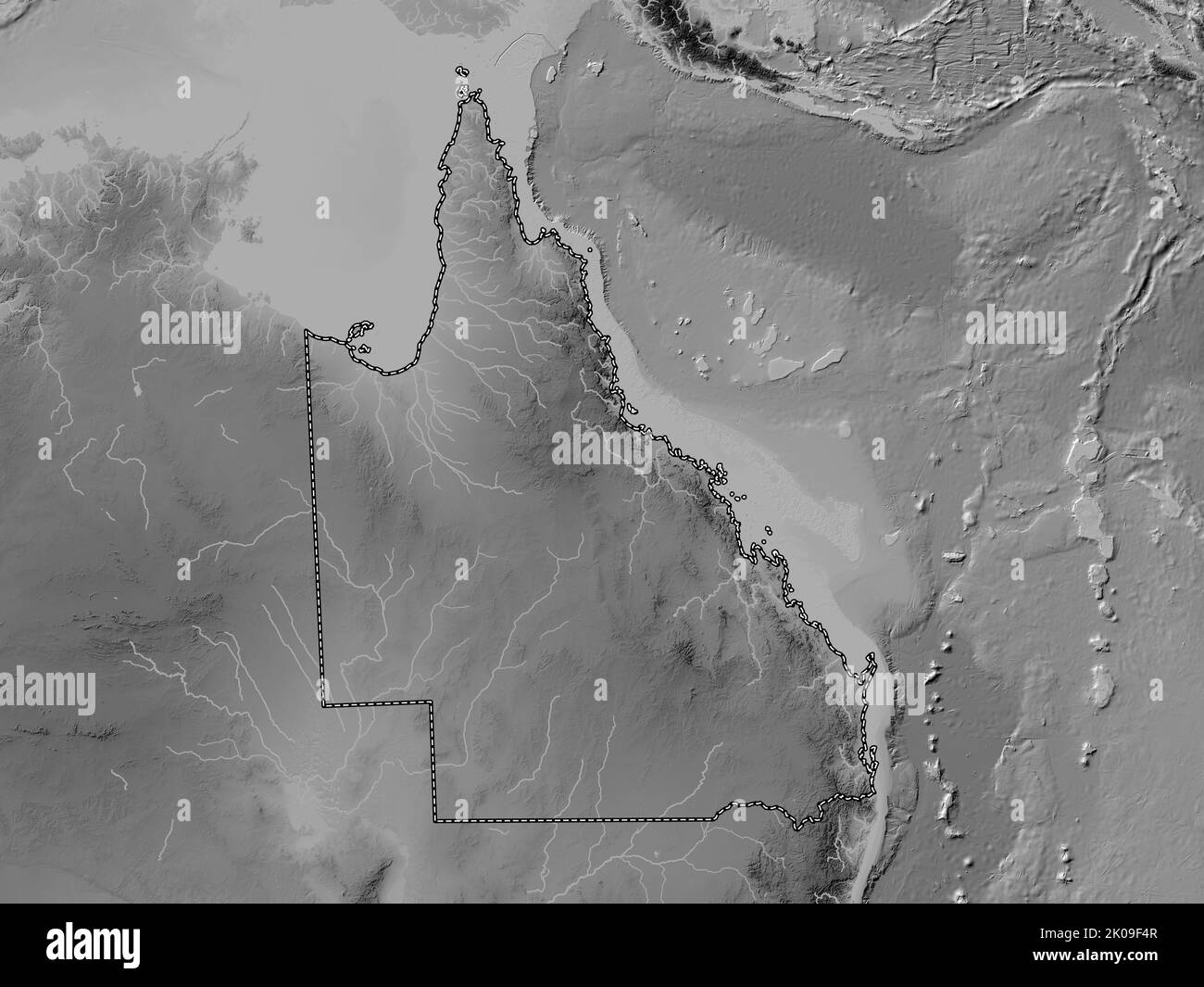 Queensland, state of Australia. Grayscale elevation map with lakes and ...