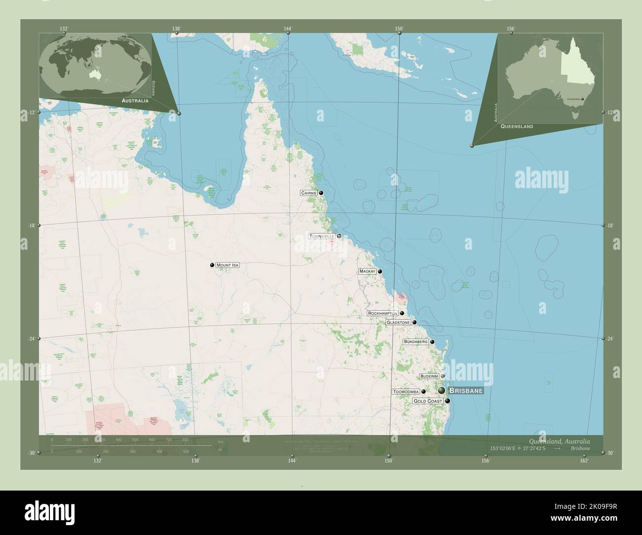 Queensland, state of Australia. Open Street Map. Locations and names of ...