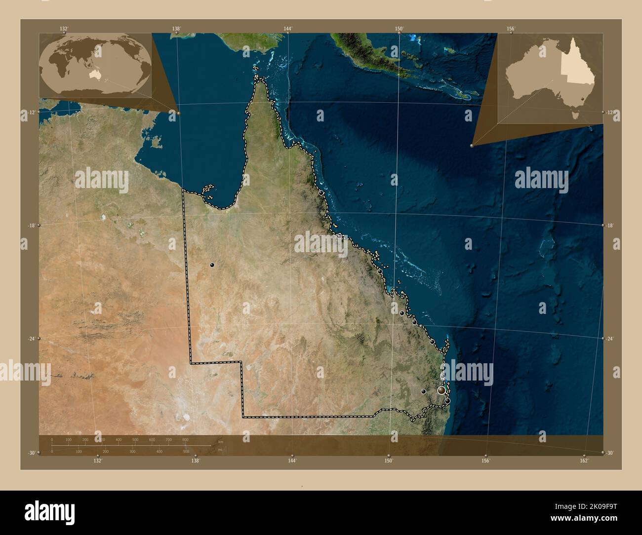 Queensland, state of Australia. Low resolution satellite map. Locations ...