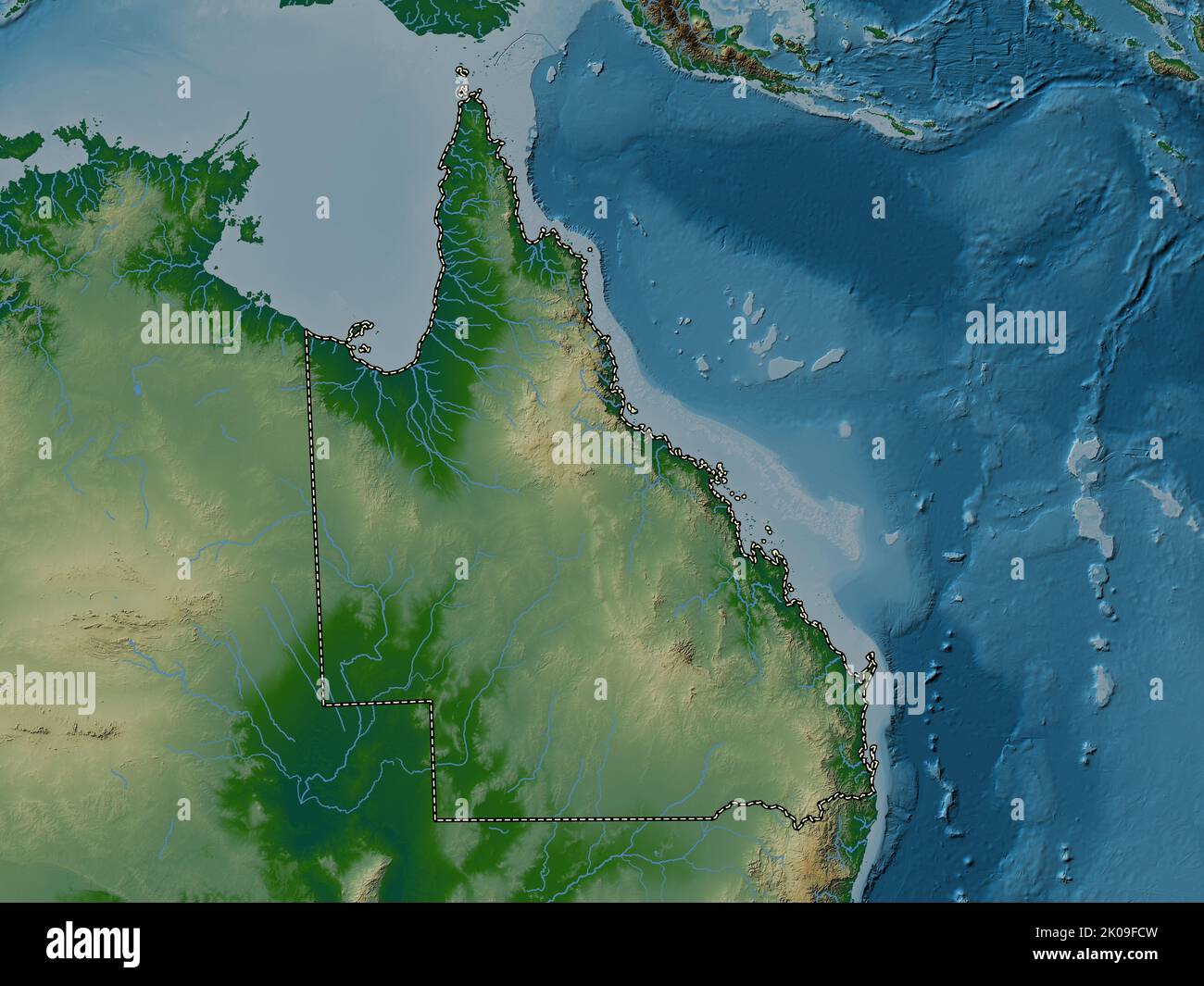 Queensland, state of Australia. Colored elevation map with lakes and ...