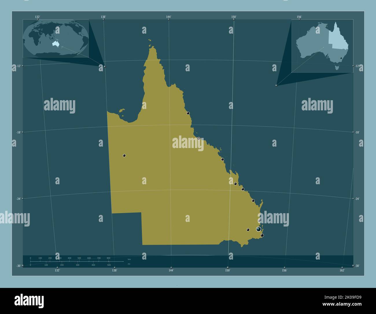 Queensland, state of Australia. Solid color shape. Locations of major ...