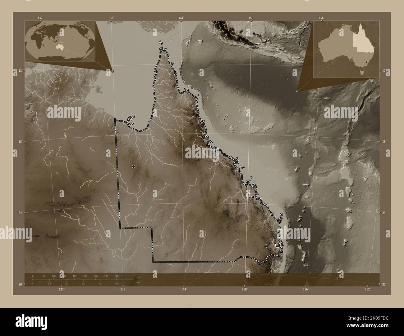 Queensland, state of Australia. Elevation map colored in sepia tones ...
