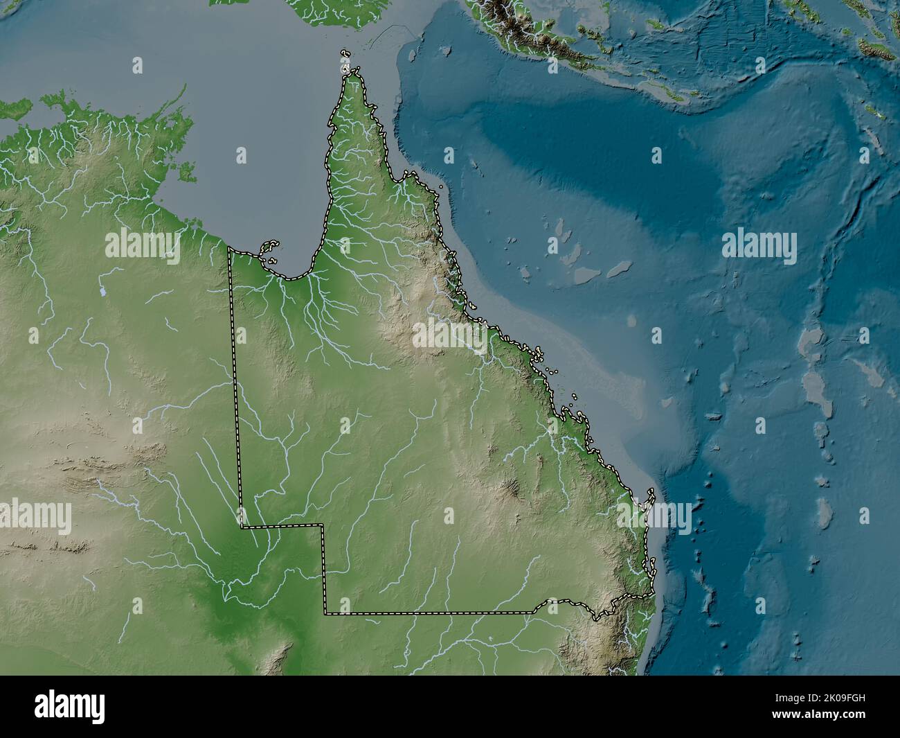 Queensland, state of Australia. Elevation map colored in wiki style ...