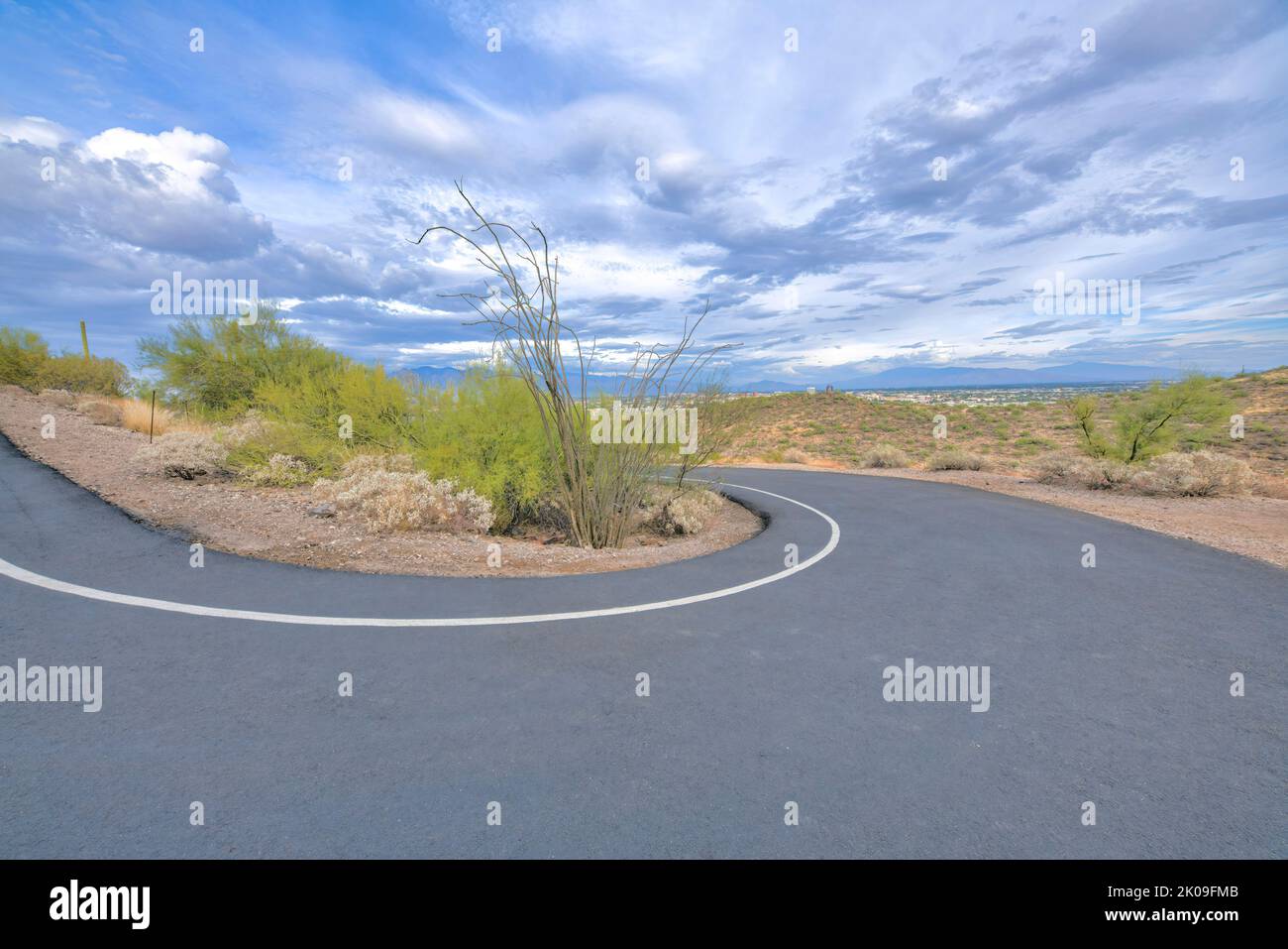 U-shaped concrete bicycle path and walking pathway in a nature park at ...