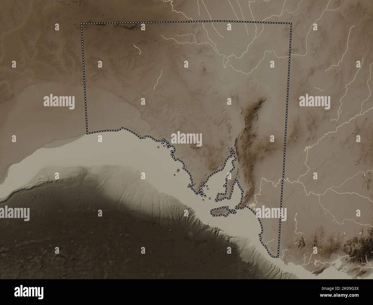 South Australia, state of Australia. Elevation map colored in sepia ...