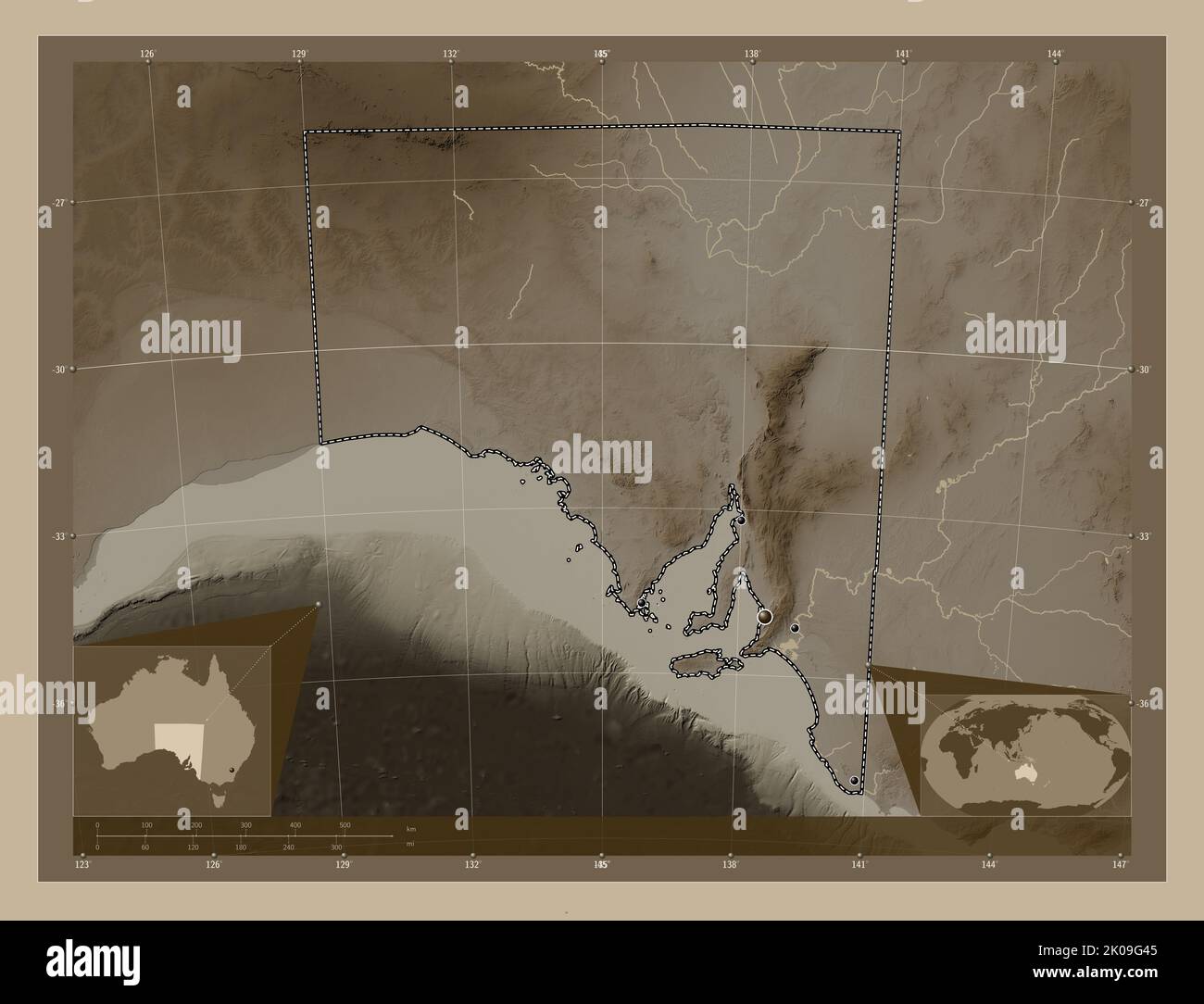 South Australia, state of Australia. Elevation map colored in sepia ...
