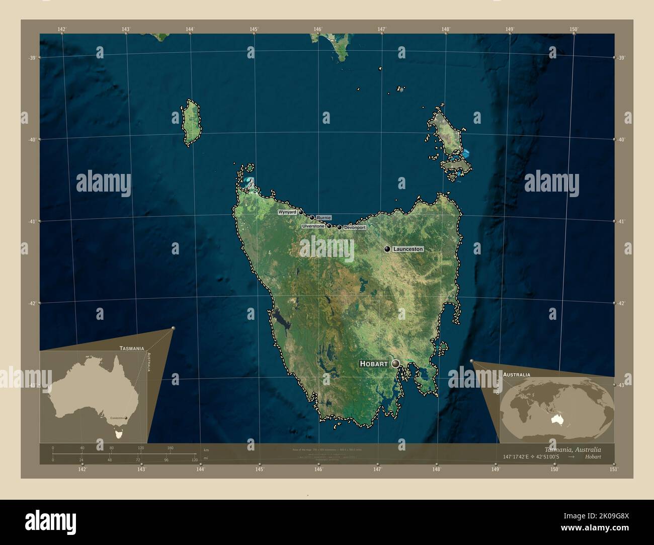 Tasmania, state of Australia. High resolution satellite map. Locations and names of major cities ...