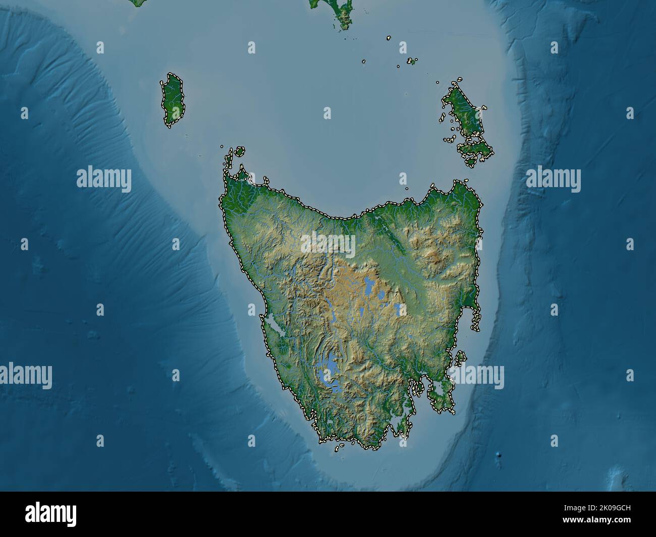 Tasmania, state of Australia. Colored elevation map with lakes and ...