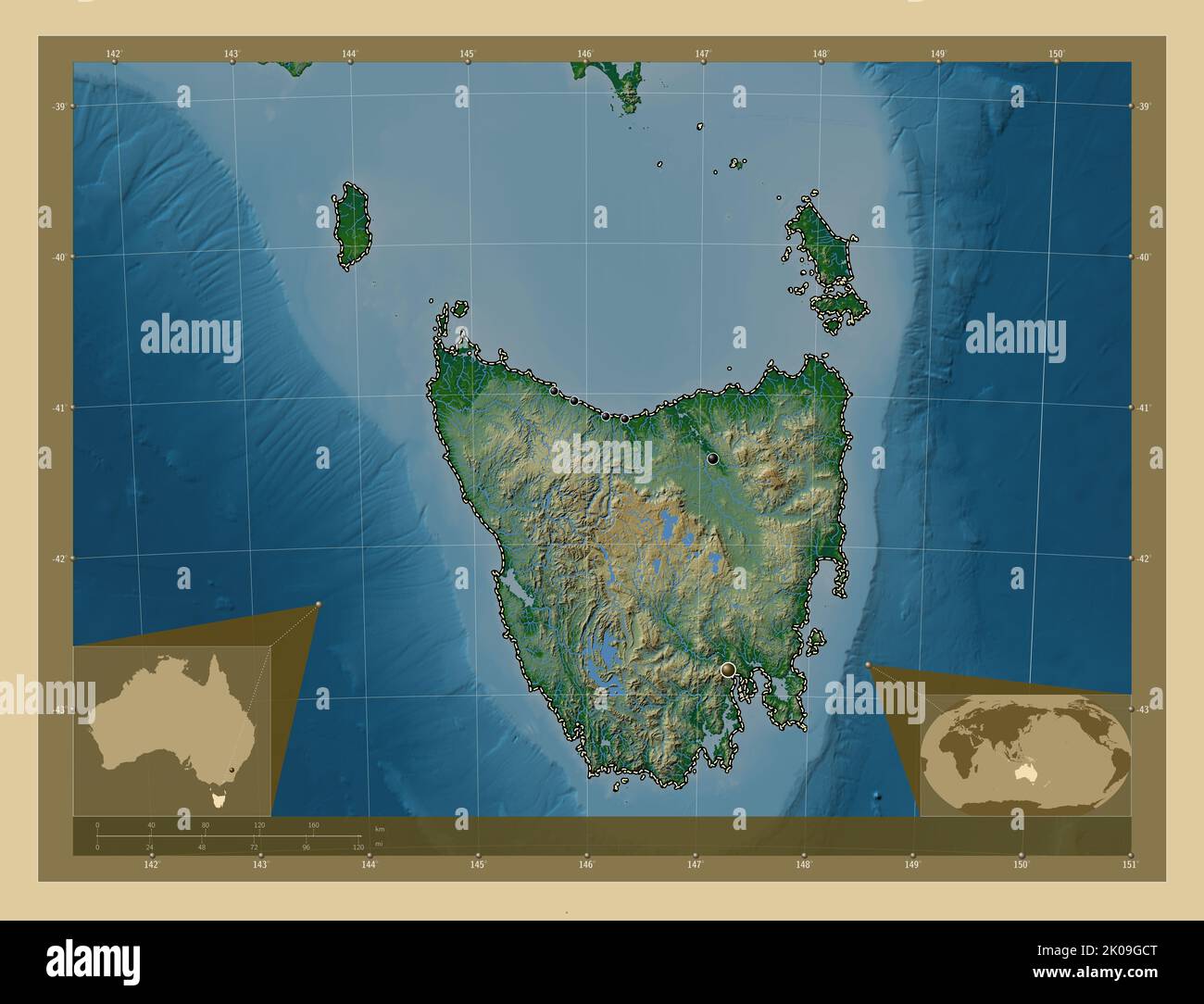 Tasmania, state of Australia. Colored elevation map with lakes and rivers. Locations of major ...
