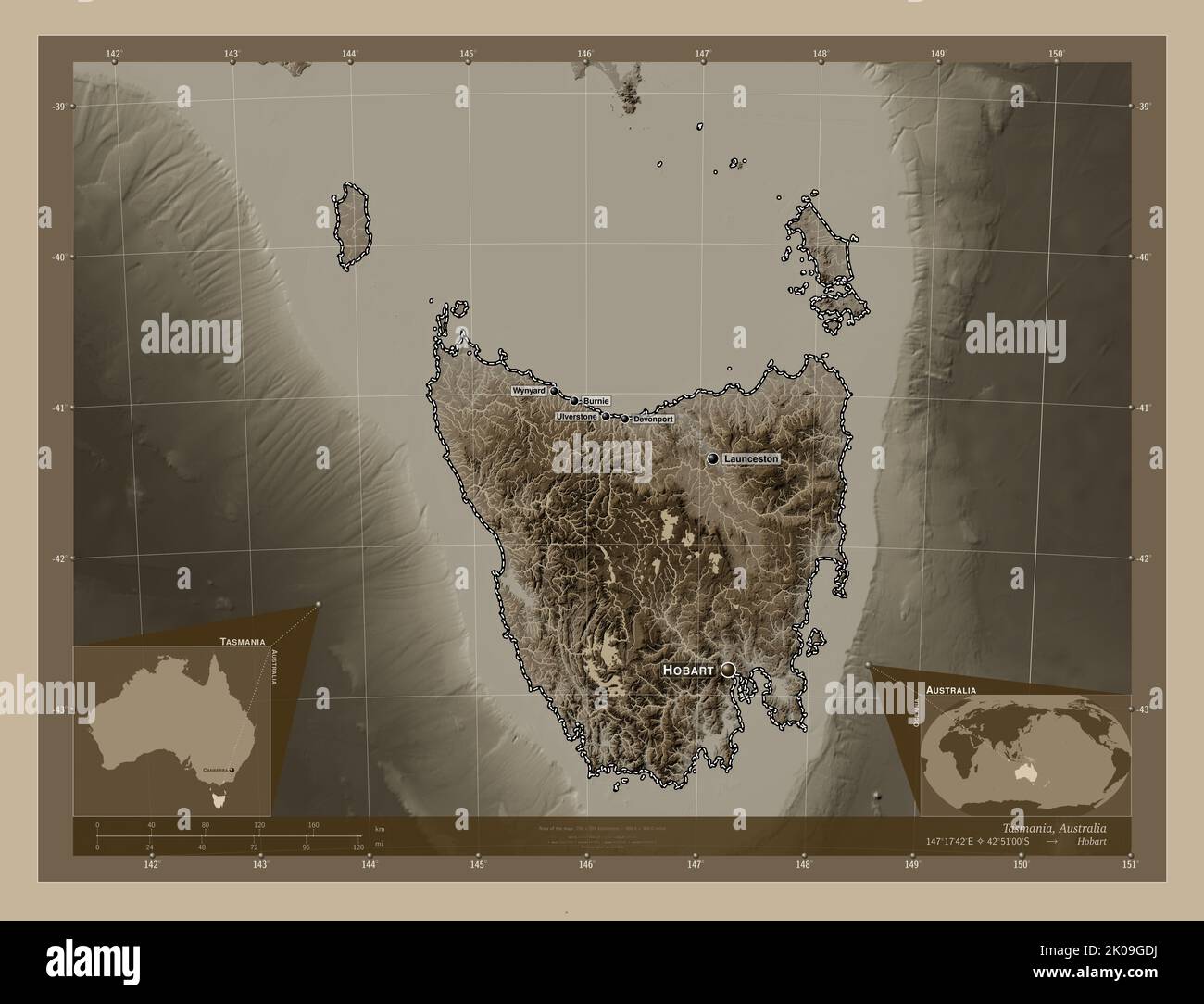 Tasmania, state of Australia. Elevation map colored in sepia tones with ...