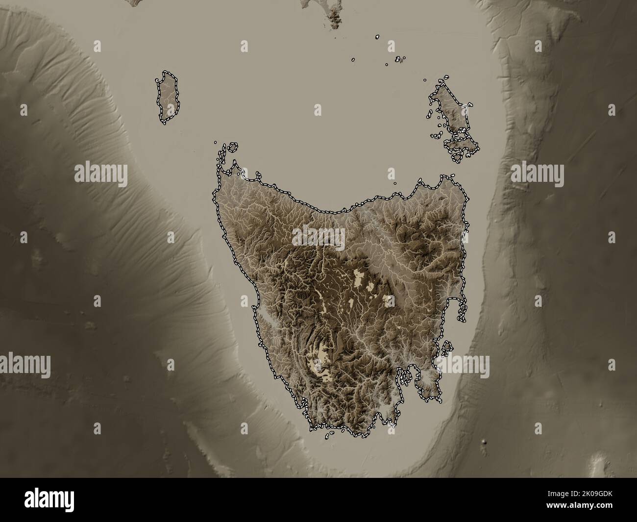 Tasmania, state of Australia. Elevation map colored in sepia tones with ...