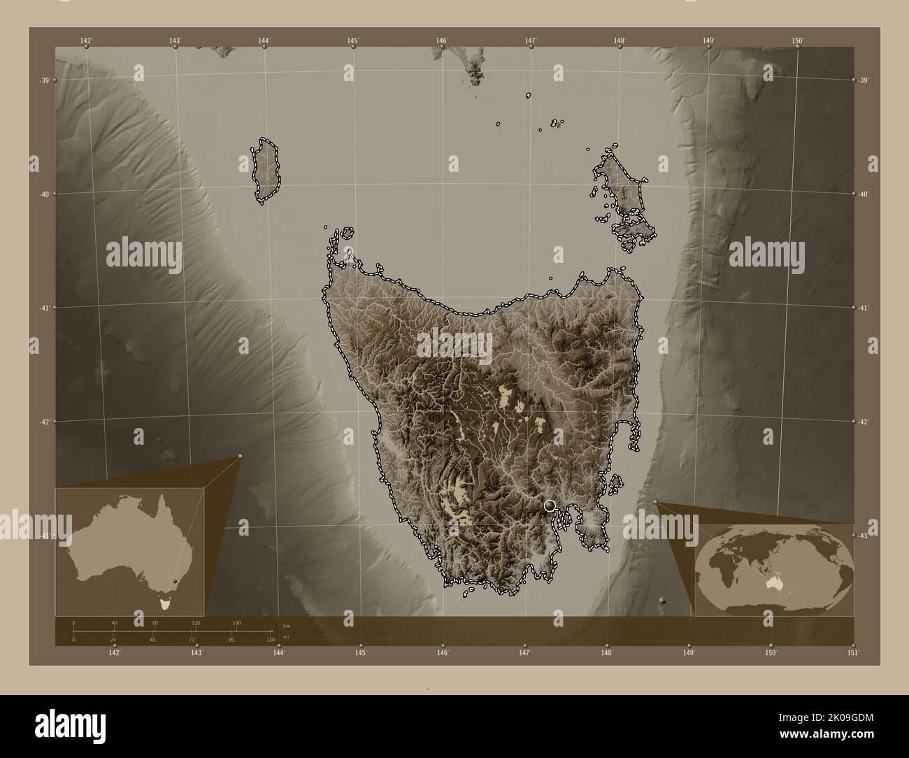 Tasmania, state of Australia. Elevation map colored in sepia tones with ...