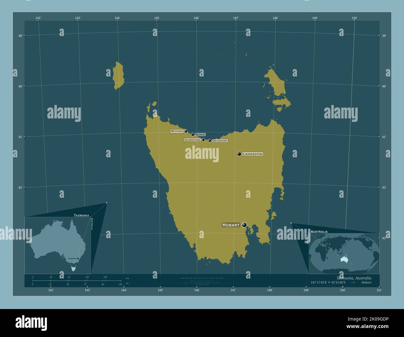 Tasmania, state of Australia. Solid color shape. Locations and names of ...
