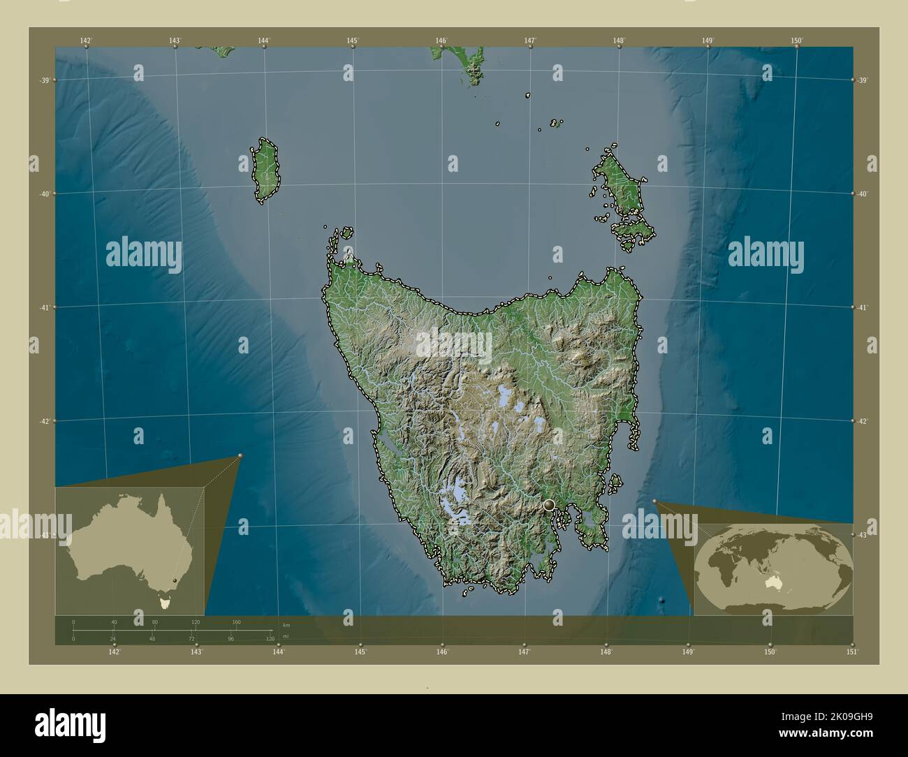 Tasmania, state of Australia. Elevation map colored in wiki style with ...