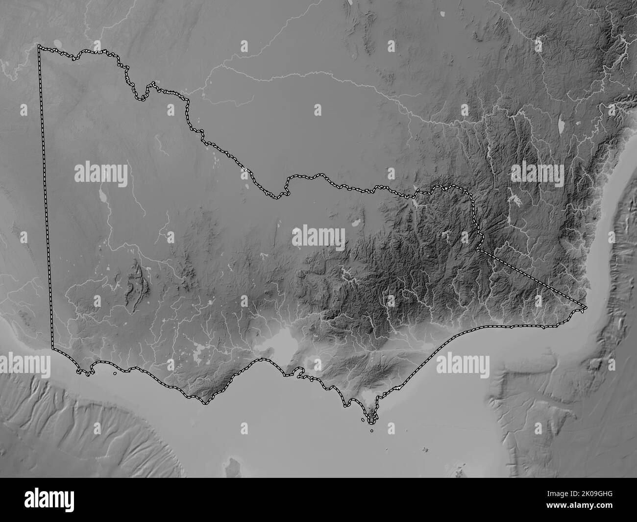 Victoria, state of Australia. Grayscale elevation map with lakes and ...