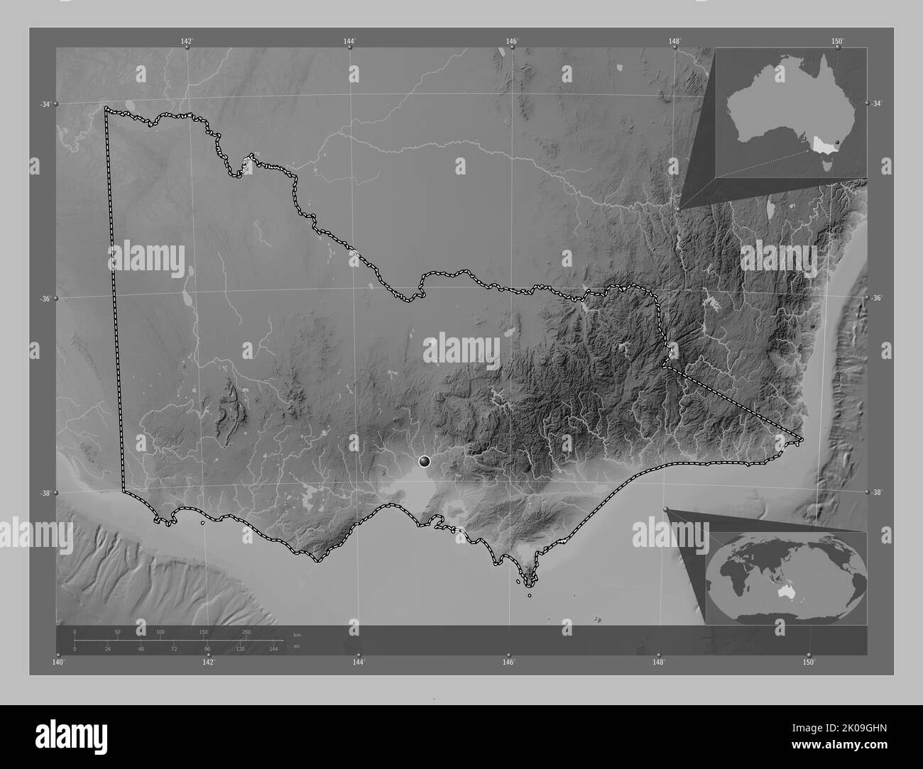 Victoria, state of Australia. Grayscale elevation map with lakes and ...
