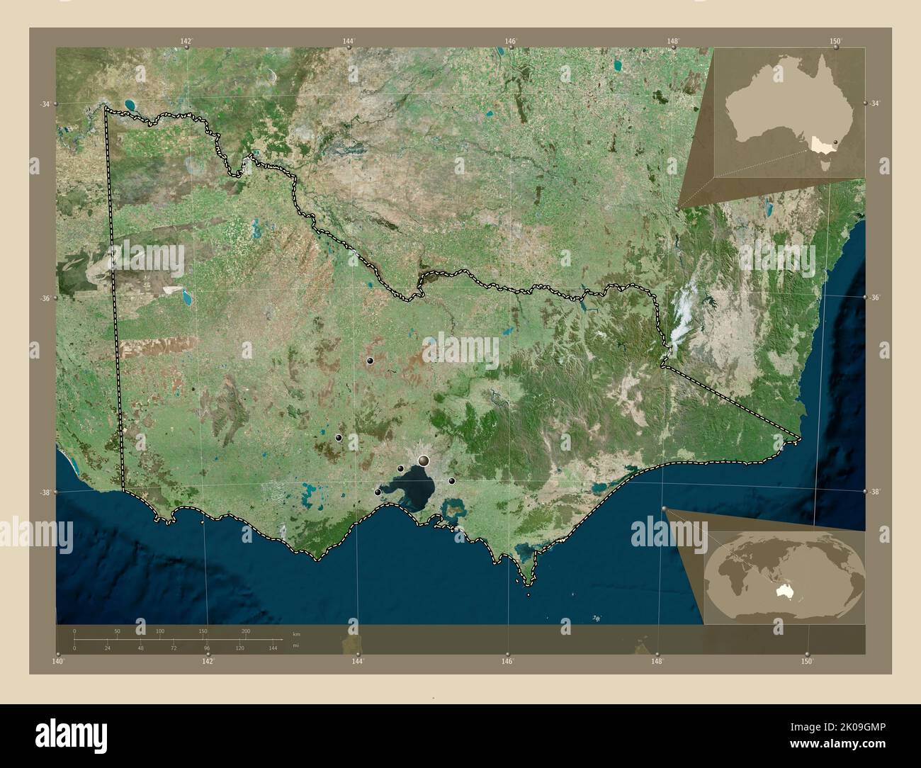 Victoria, state of Australia. High resolution satellite map. Locations of major cities of the ...