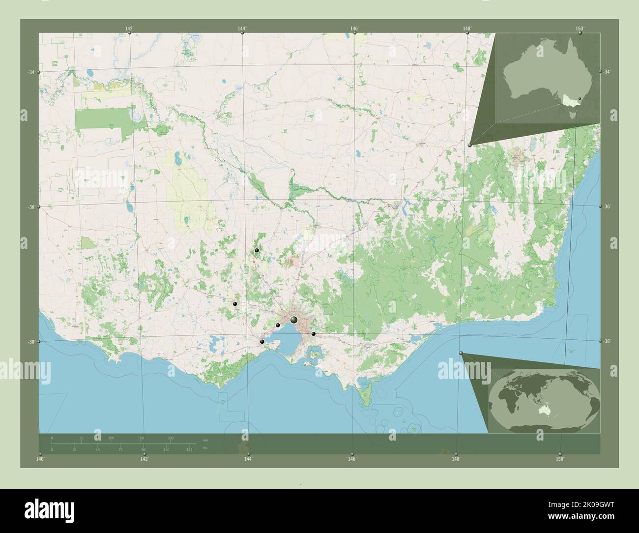 Victoria, state of Australia. Open Street Map. Locations of major ...