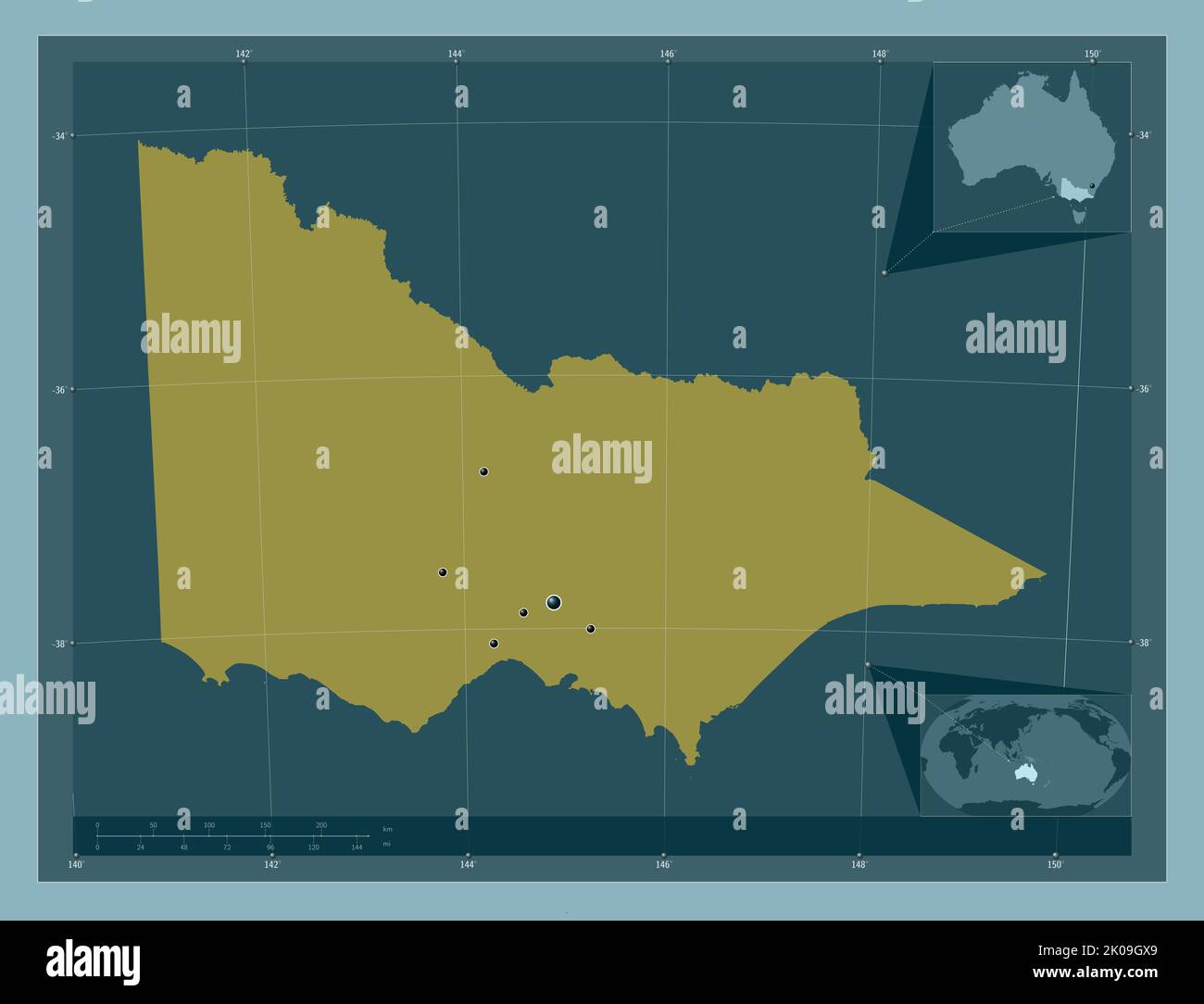 Victoria, state of Australia. Solid color shape. Locations of major ...