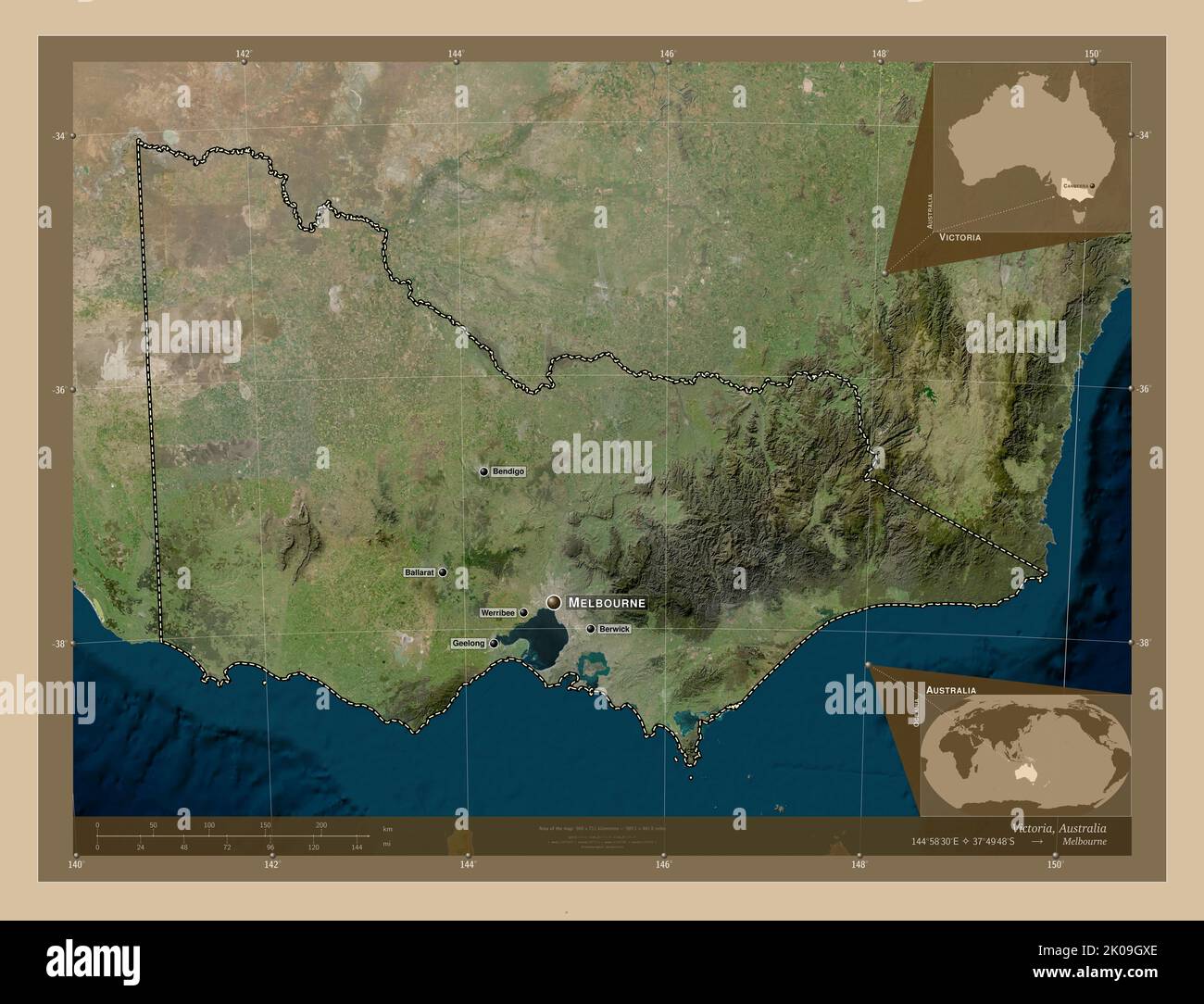 Victoria, state of Australia. Low resolution satellite map. Locations ...