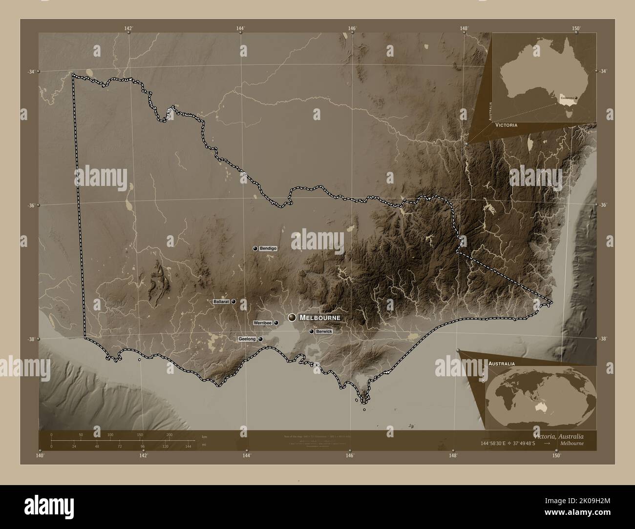 Victoria, state of Australia. Elevation map colored in sepia tones with ...