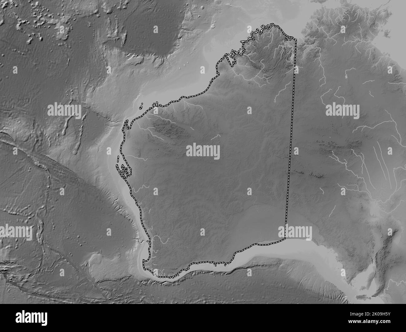 Western Australia, state of Australia. Grayscale elevation map with ...