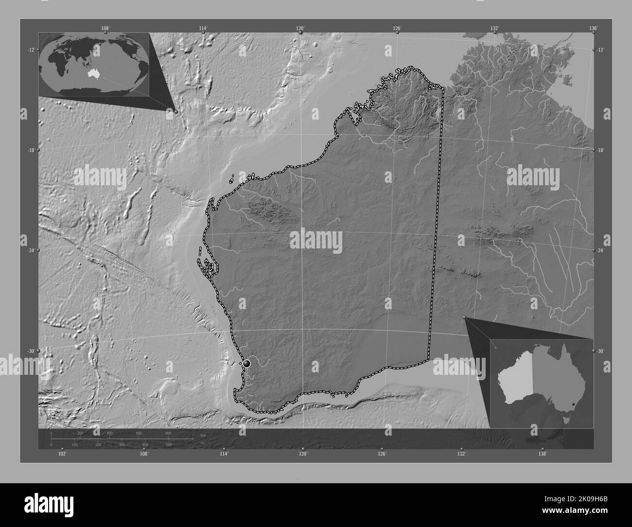 Western Australia, state of Australia. Bilevel elevation map with lakes and rivers. Corner ...