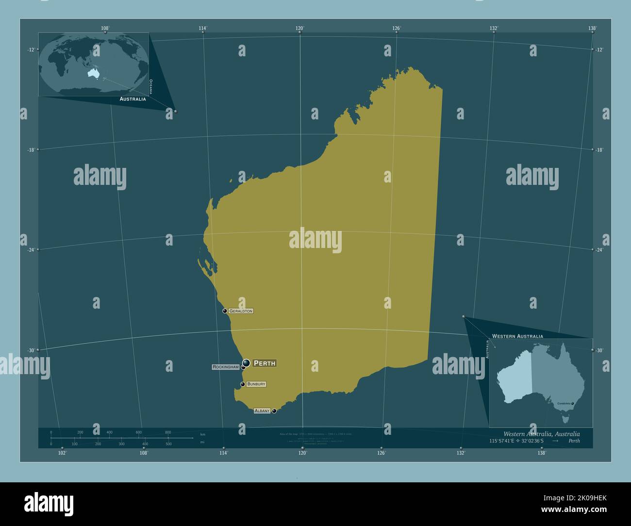 Western Australia, state of Australia. Solid color shape. Locations and ...