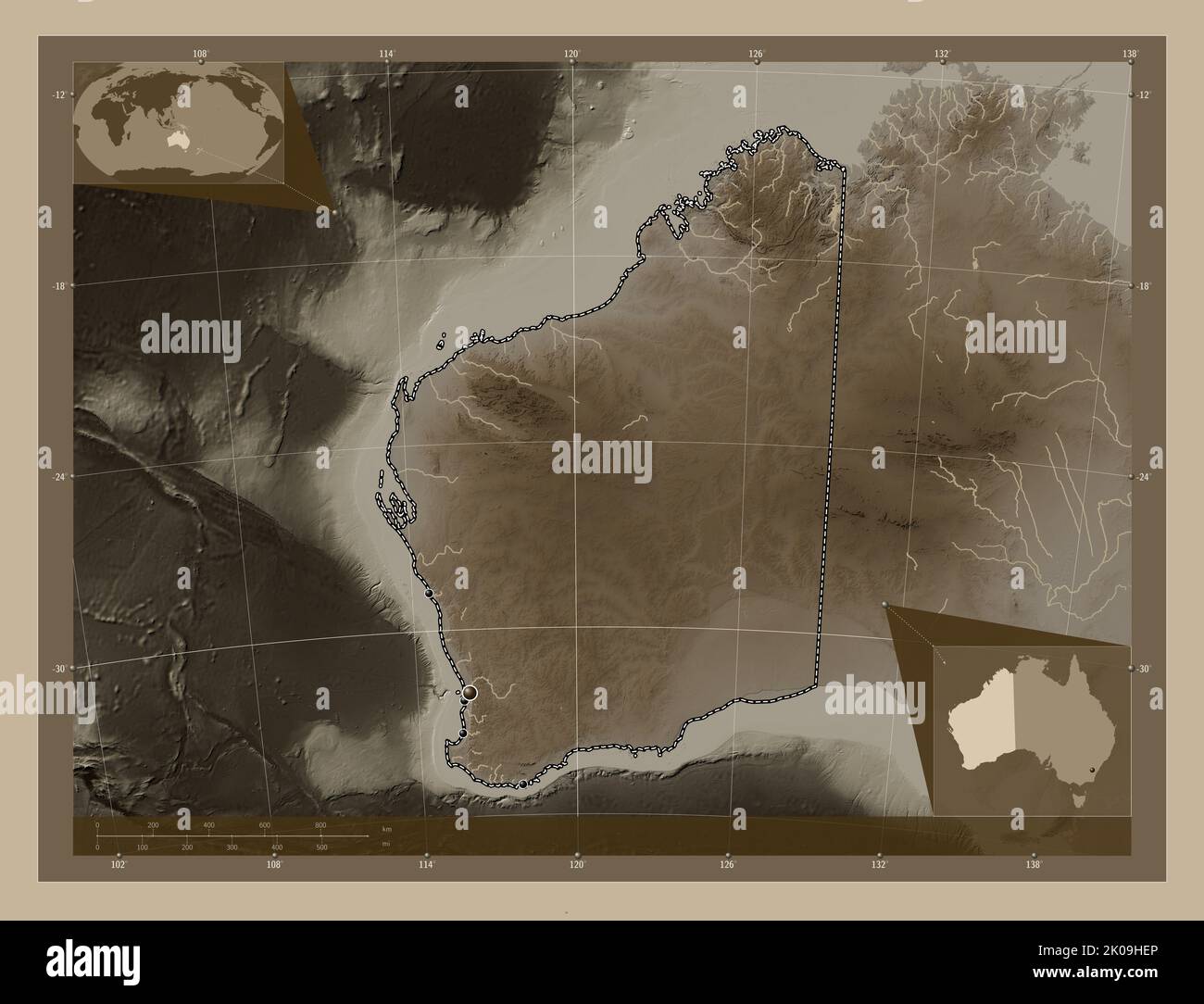 Western Australia, state of Australia. Elevation map colored in sepia ...