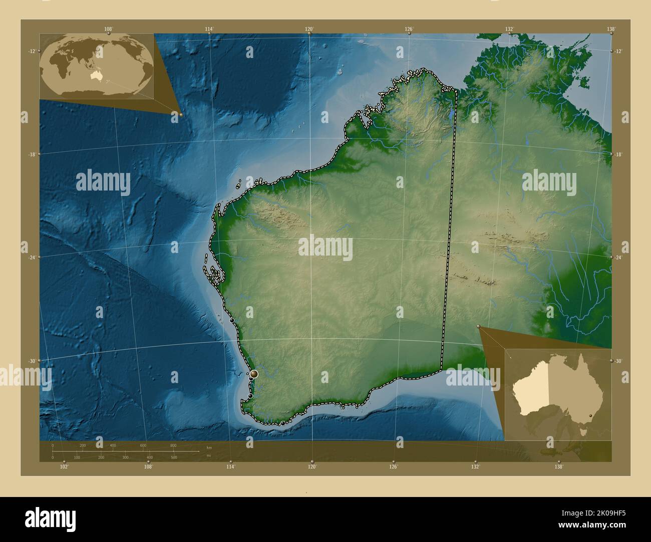 Western Australia, state of Australia. Colored elevation map with lakes ...