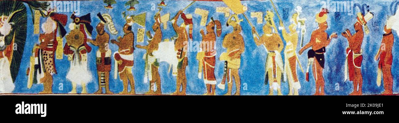 Temple murals painted on the walls at Bonampak, an ancient Maya ...