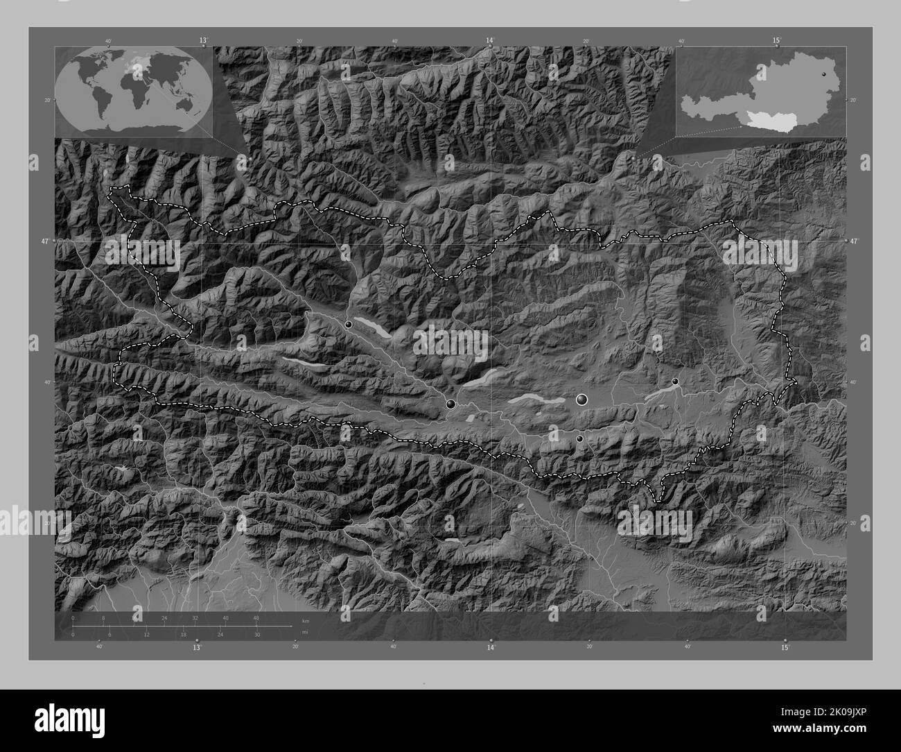 Karnten, state of Austria. Grayscale elevation map with lakes and rivers. Locations of major ...