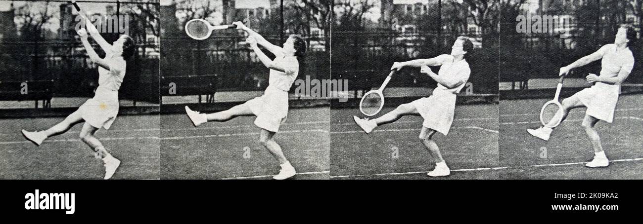 Tennis player Jean Nicoll demonstrates a smash. Photo sequence of the ...