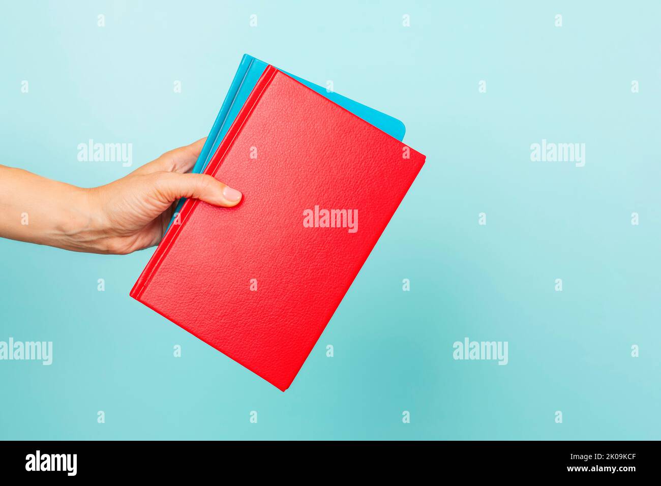 Woman hands holding books with blank cover over light blue background ...