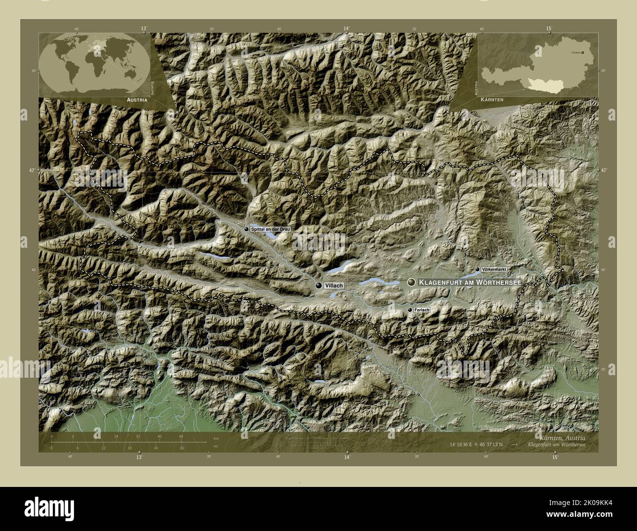 Karnten, state of Austria. Elevation map colored in wiki style with lakes and rivers. Locations ...