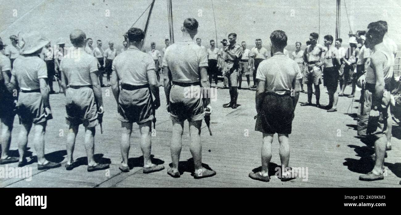 British Army troops carrying out revolver practice on a troopship ...